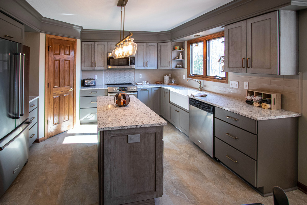 2 Tone Gray Kitchen with Quartz Countertop and Crackle Tile Backsplash ...