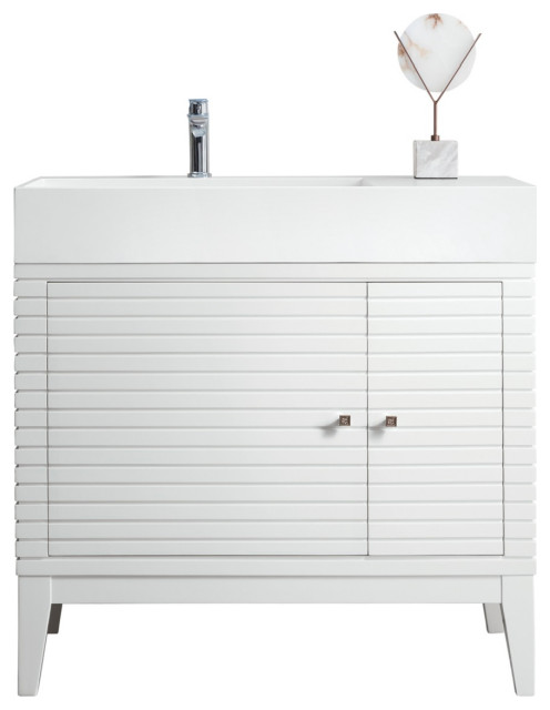 Linear 36" Vanity, Glossy White, Glossy White Solid Surface Top ...