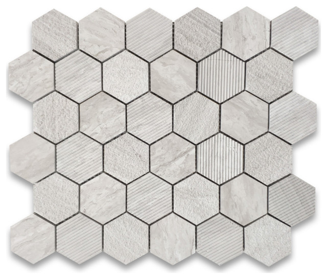 Athens Silver Cream Marble 2" Hexagon Mosaic Tile Texture Multi Finish ...