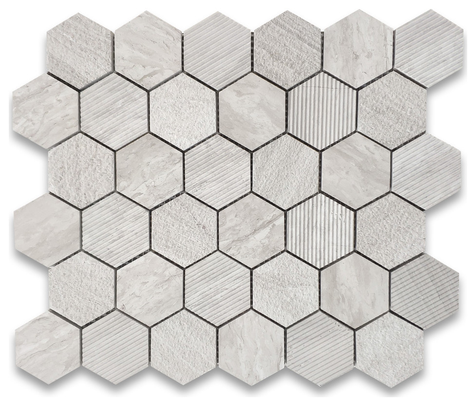 Athens Silver Cream Marble 2" Hexagon Mosaic Tile Texture Multi Finish ...