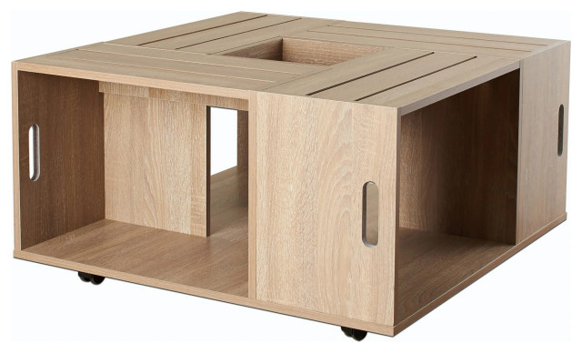 Square Coffee Table with Casters, Flip-Top Tray, and Four Shelves ...