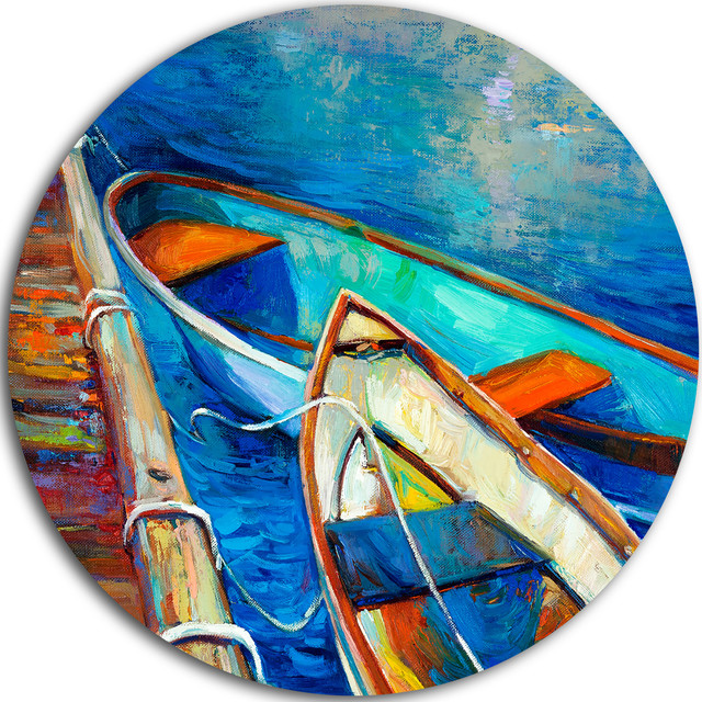 Boats and Pier in Blue Shade, Seascape Round Metal Wall Art, Disc of 11 ...