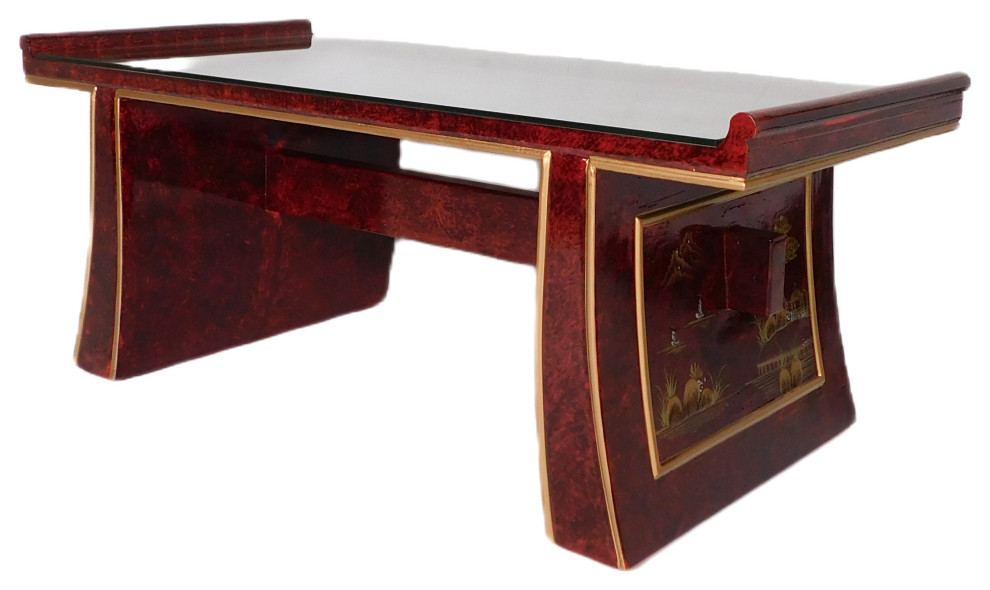 42" Oriental Shinto Coffee Table With Gold Landscape and Glass Top ...