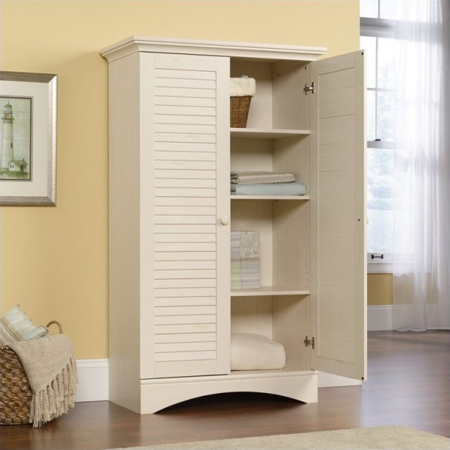 Sauder Harbor View Engineered Wood Storage Cabinet in Antiqued White ...