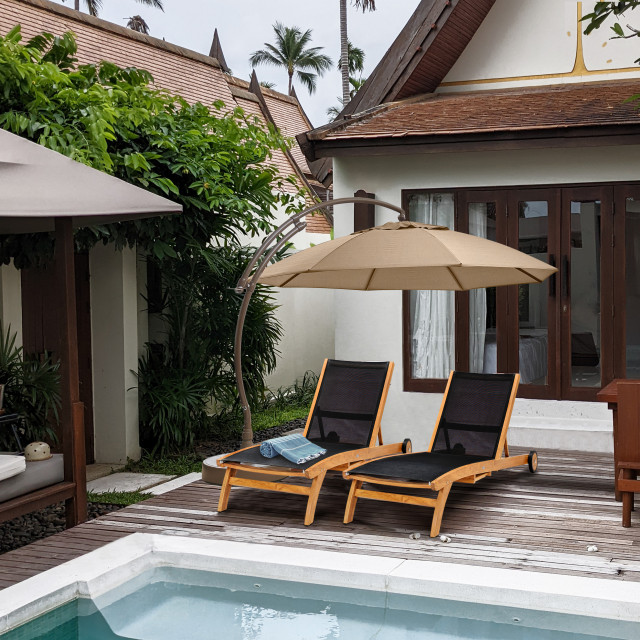 Teak Wood Bahama Pool Lounger With Batyline Mesh, Black - Transitional ...