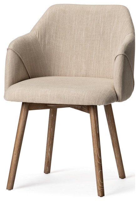 Ronald II Cream Fabric Wrap Brown Wooden Base Dining Chair - Midcentury ...