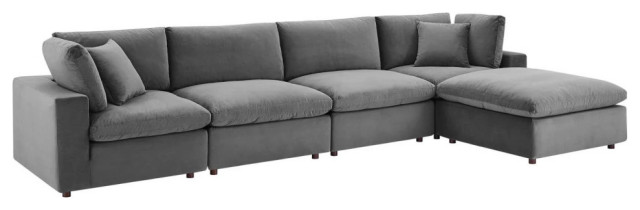 Milan Gray Down Filled Overstuffed Performance Velvet 5-Piece Sectional ...