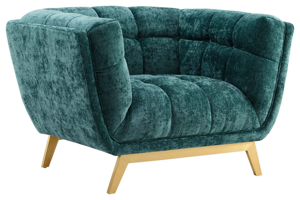 Unique Accent Chair, Angled Gold Legs, Soft Teal Velvet Seat With Deep ...