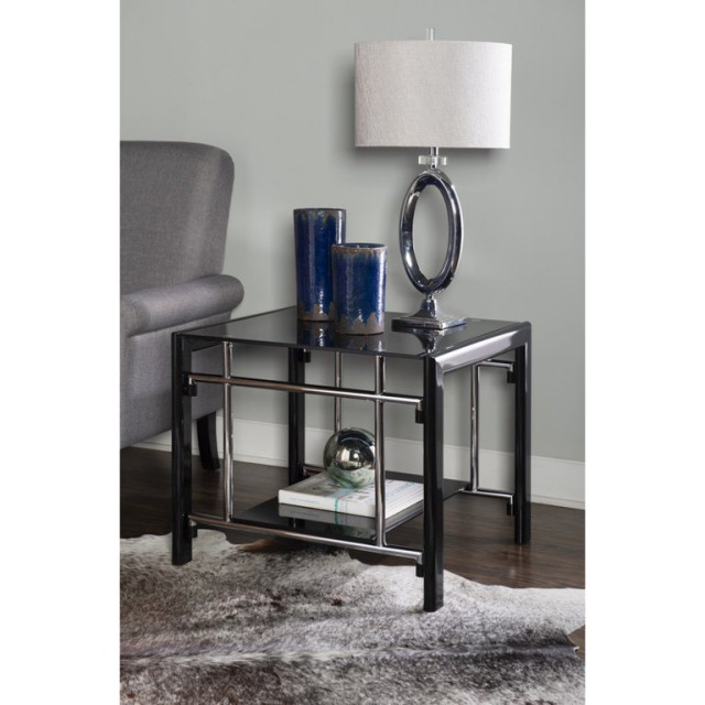 Modern End Table, Grid Shaped Side With Tempered Glass Top & Shelf ...