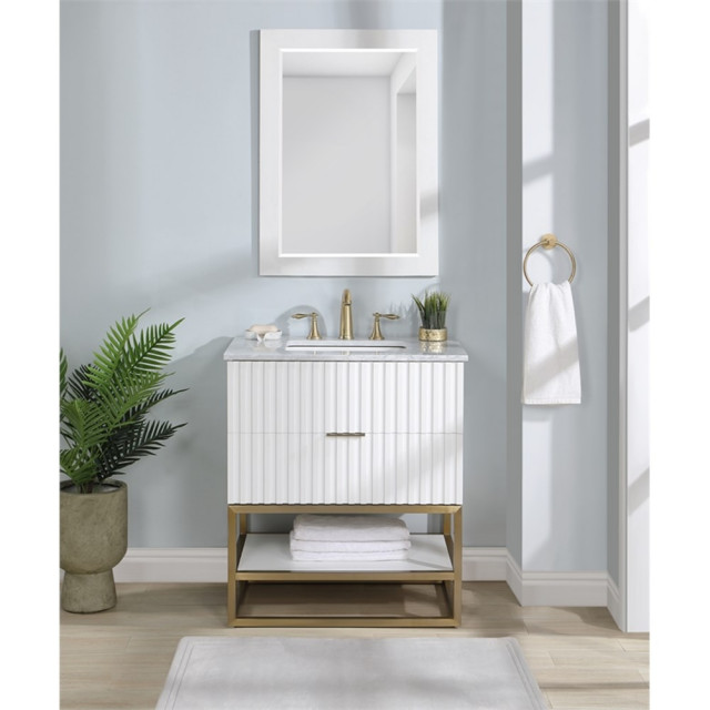 Maklaine Modern / Contemporary Rich White Finish Bathroom Vanity ...