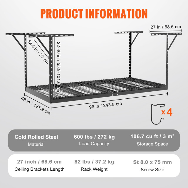 VEVOR Overhead Adjustable Garage Storage Rack 48x96" Ceiling Rack ...