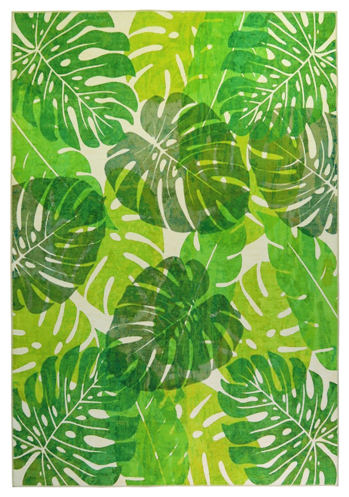 Monstera Palms Homefires Accent Area Washable Rug With Leaves, 7x5 ...
