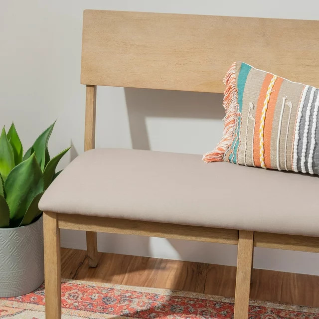 Farmhouse Gray Wash Dining Bench with Linen Upholstered Seat, Panel ...
