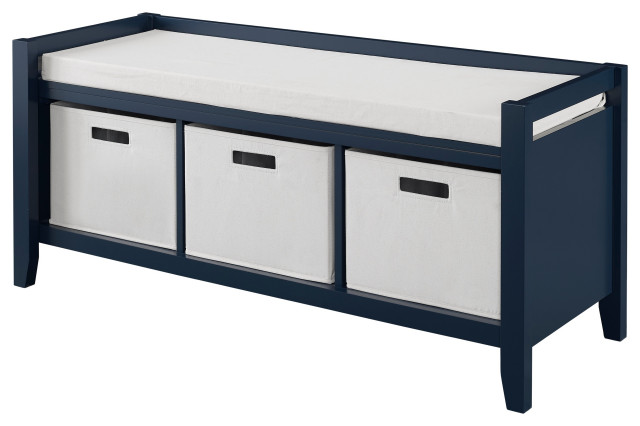Navy Blue Storage Bench with Three Cream Bins and Cushioned Seat ...