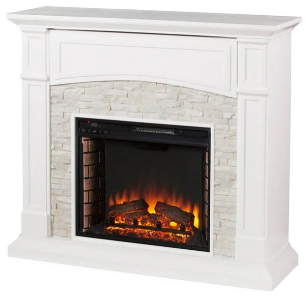 White Faux Stone Electric Fireplace TV Stand with Brick Accents ...