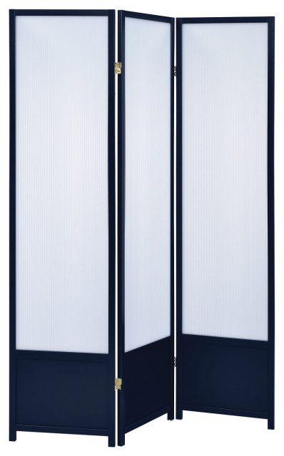 3 Panel Folding Floor Screen with Translucent Inserts, Black ...