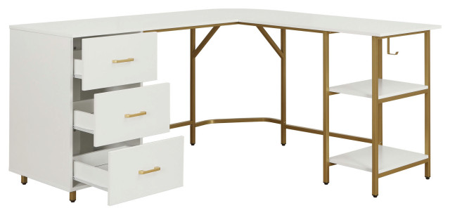Techni Mobili L-Shape Home Office Two-Tone Desk with Storage, Gold ...