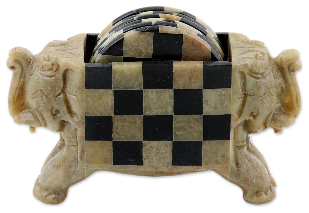 Elephant Checkers Soapstone Coasters, 6-Piece Set - Traditional ...