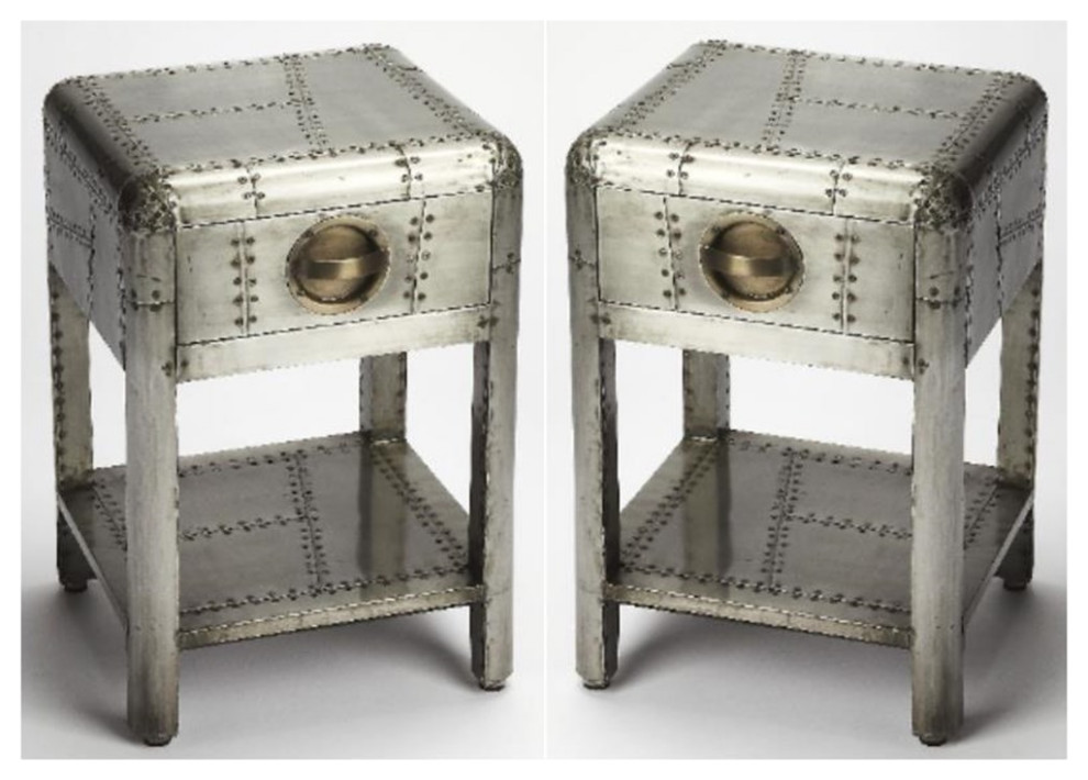 Home Square One Drawer Metal Side Table in Silver - Set of 2 ...