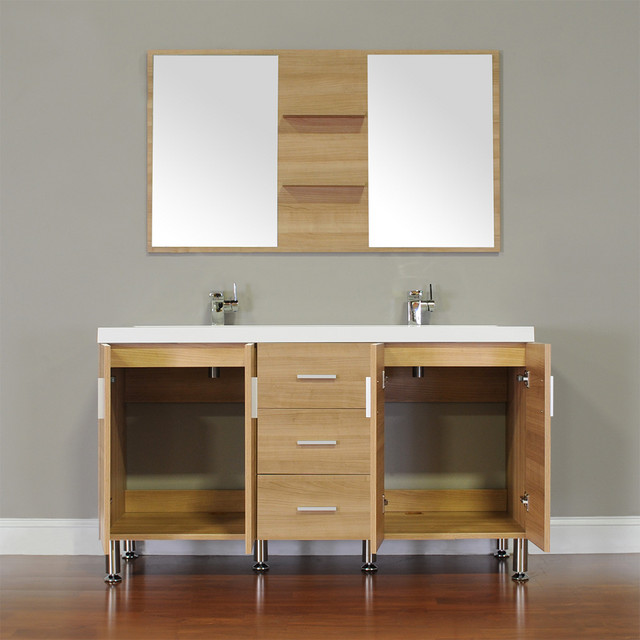 56 in. Double Modern Bathroom Vanity Wavy Sink Set in Light Oak with ...