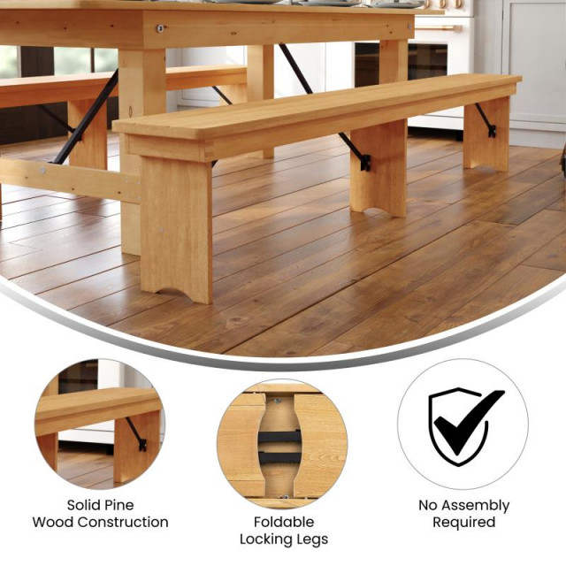 HERCULES Series 8' x 12'' Solid Pine Folding Farm Bench With 3 Legs ...