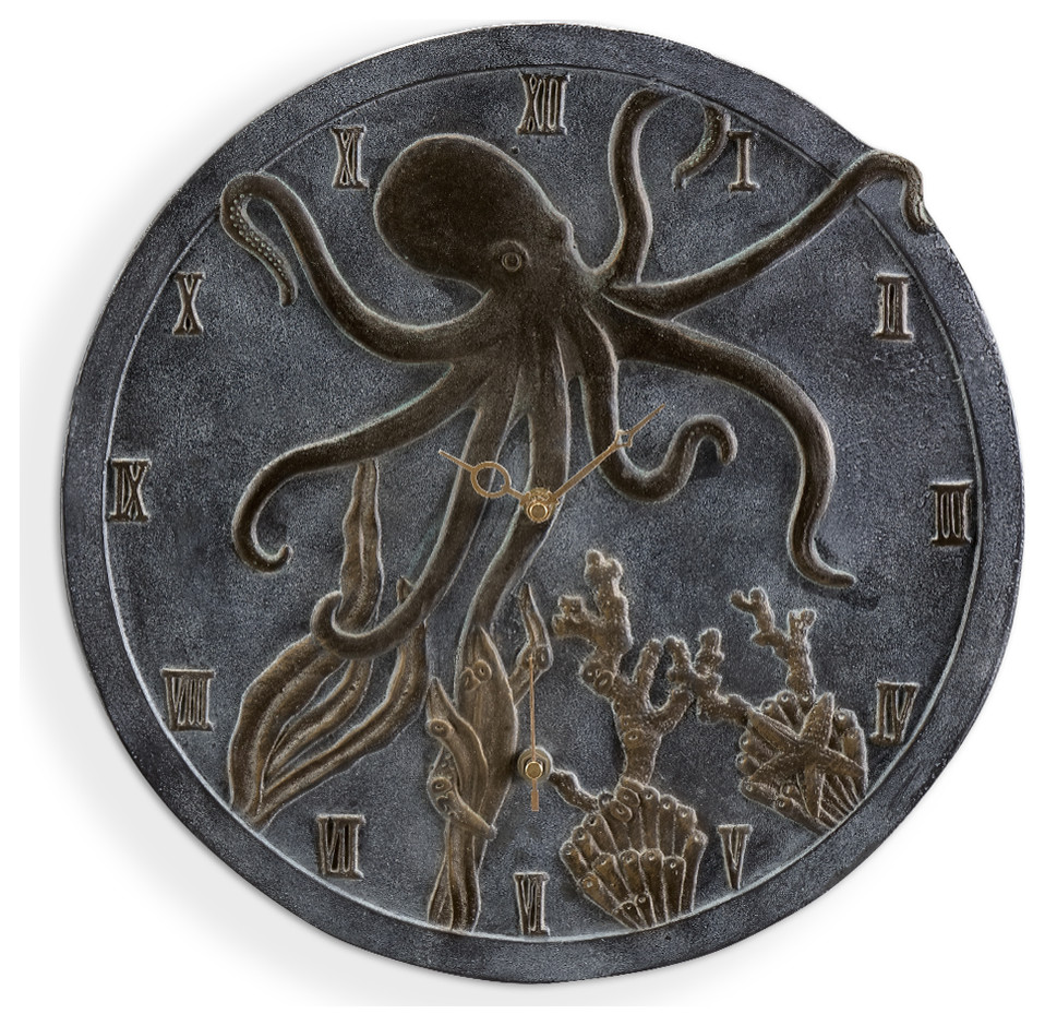 Octopus Wall Mounted Garden Clock and Thermometer - Beach Style - Wall ...