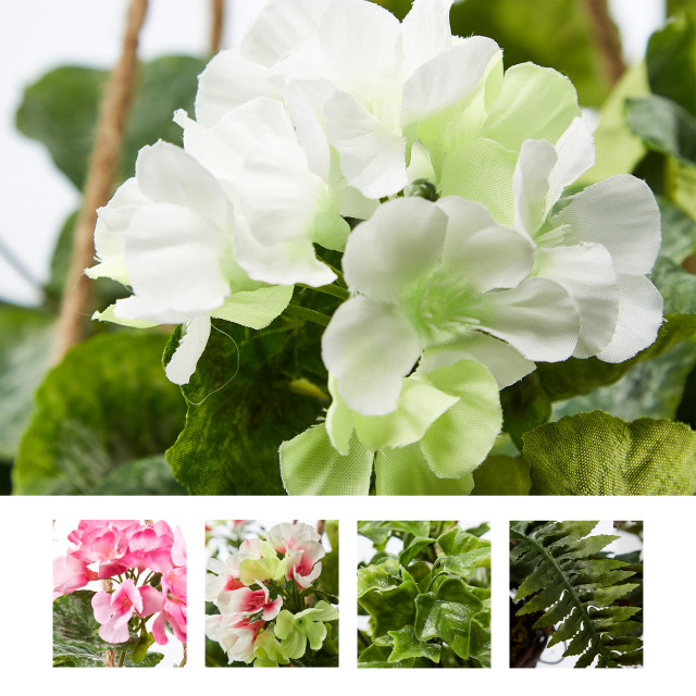 Faux Geranium Hanging Floral Arrangement With Basket, White ...
