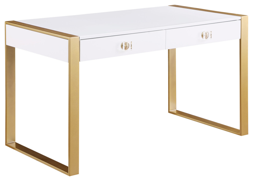 Tillie Contemporary 2 Drawer High Gloss Lacquer Computer Desk With Gold ...