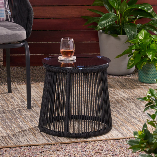 Luca Modern Outdoor Rope Weave Side Table With Tempered Glass Top ...