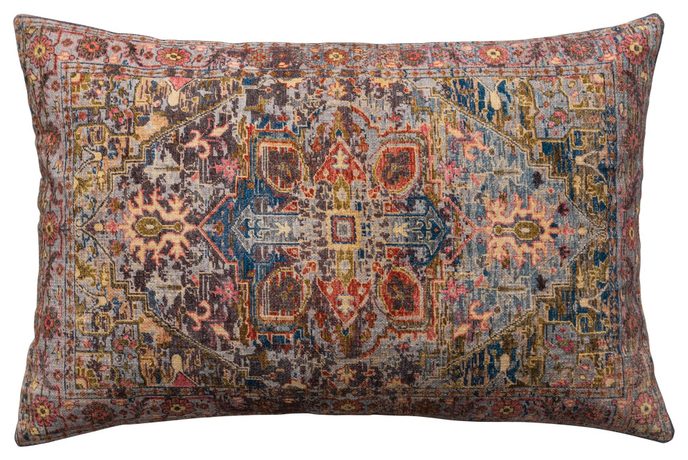 24" Cotton Printed Lumbar Pillow, Pattern, Chambray Back, Multicolored ...