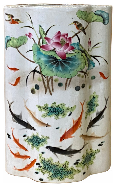 Chinese Off White Porcelain Koi Fishes Flower Shape Vase Hws2355 ...