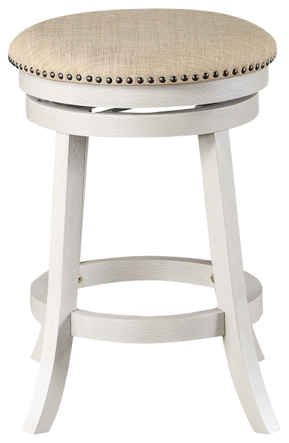 2-Pack Backless Round Swivel Stool With Beige Fabric and Dark Walnut ...