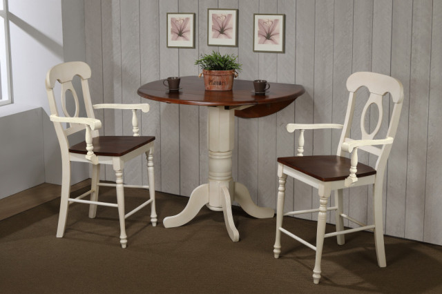 3-Piece 42" Round Drop Leaf Pub Table Set, Antique White and Chestnut Brown - Traditional ...
