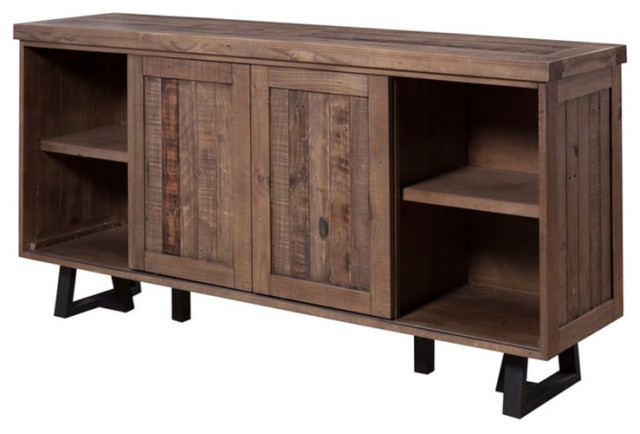 Farmhouse Sideboard, Pinewood Top With Sliding Doors & Open Shelves ...
