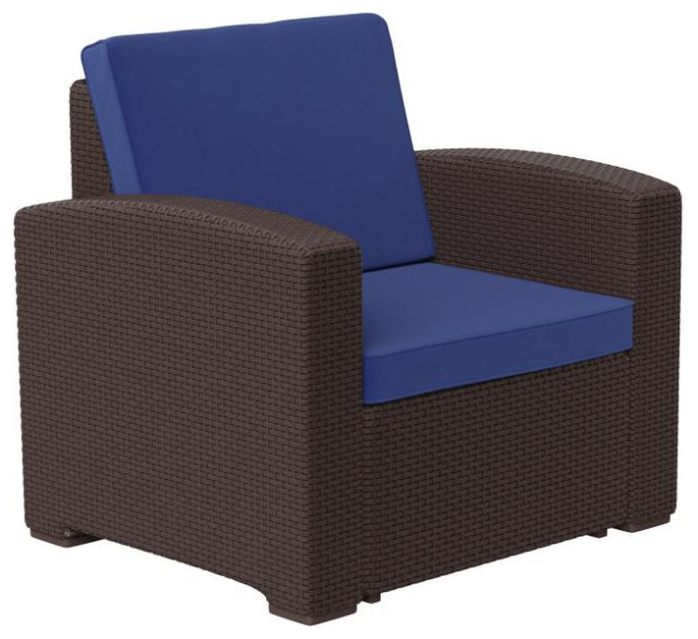 Seneca Brown Faux Rattan Chair with All-Weather Navy Cushion - Tropical ...