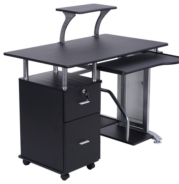 Modern Black Computer Desk with Printer Shelf - Transitional - Desks ...