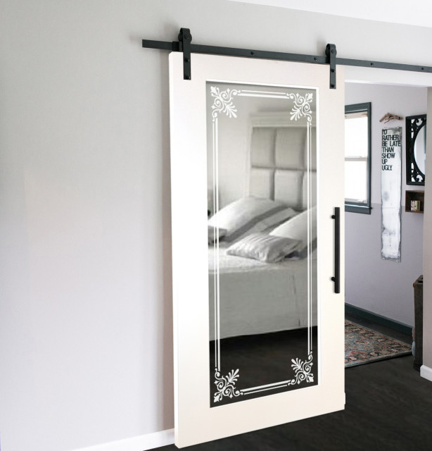 Mirrored Sliding Barn Door with Mirror Panel + Frosted Design, 26"x84 ...