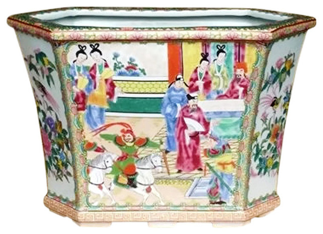 Oriental Rose Canton Hexagonal Porcelain Flower Pot - Asian - Indoor ...