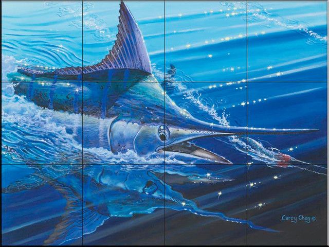 Tile Mural, Blue Marlin Strike by Carey Chen, 17" x 12.75" (12 Tiles ...