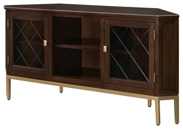 Corner TV Stand, Chocolate and Gold, Metal Base, Enclosed Storage for ...