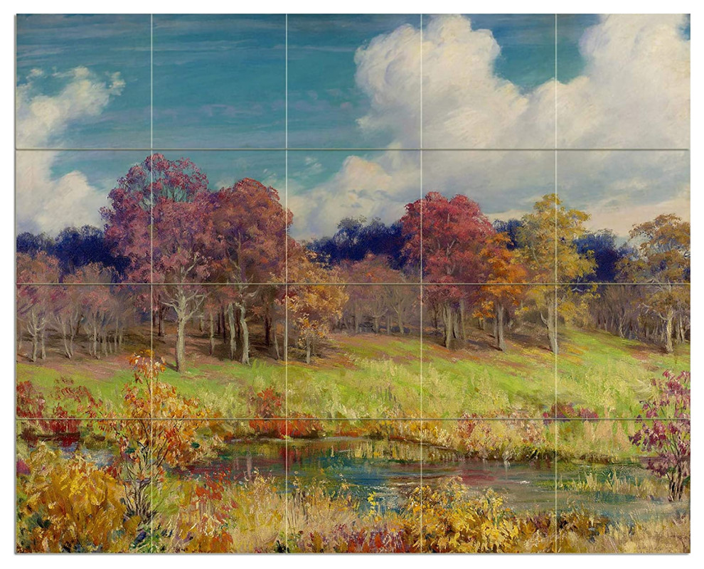 Tile Mural AUTUMN LANDSCAPE river forest lake Backsplash, 4.25" Ceramic ...