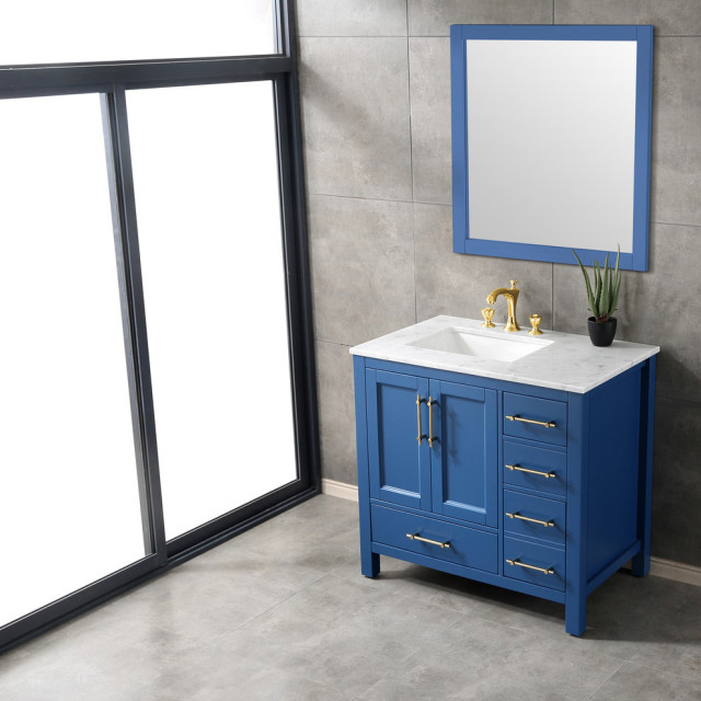 Navy 36 inch Deep Blue Vanity White Carrera Top,White Porcelain Sink, H ...