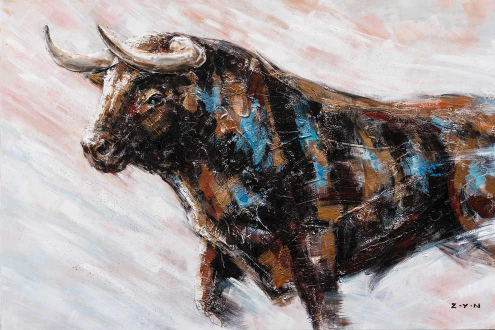 "Charging Bull Hand Painted Oil" Canvas Artwork, 48"x36" - Southwestern ...