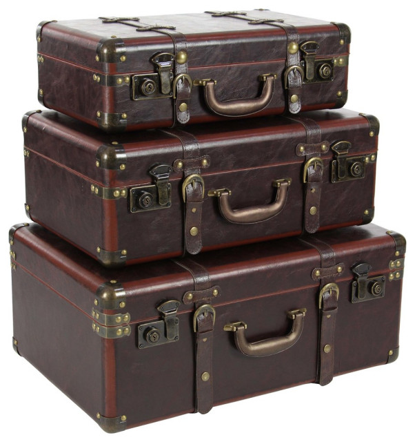 Vintage Brown Faux Leather Trunk Set 56976, S/3 18", 21", 23"W ...