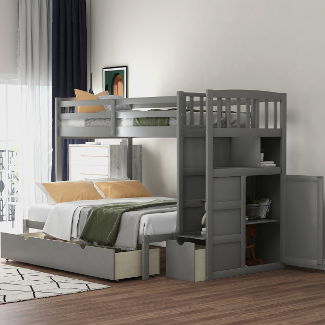 TATEUS Twin over Full/Twin Bunk Bed, Convertible Bottom Bed, White ...