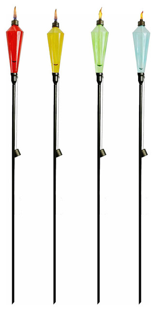 Assorted Color Outdoor Glass Garden Torch Light With Metal Pole, Set of ...