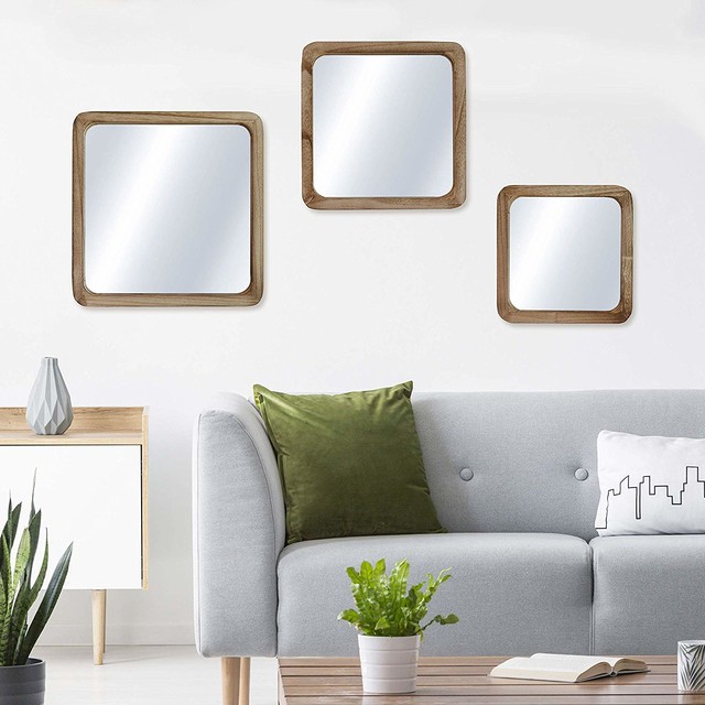 3 Piece Boho Square Framed Mirror Set, 9 3/4, 11 3/4, and 13 3/4 Inches ...