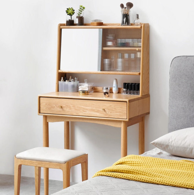 Oak Dressing Table With Hidden Makeup Mirror, Walnut, 29.5 ...