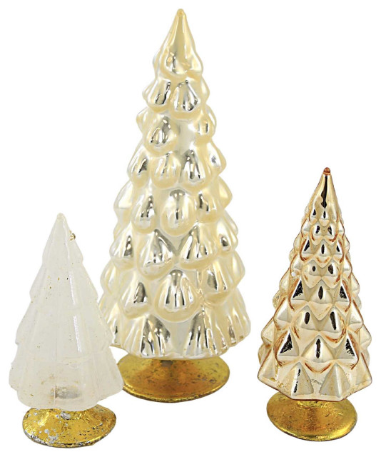 Small Neutral Hue Trees 3 Glass Trees 6.5 IN Christmas Decorate Village ...