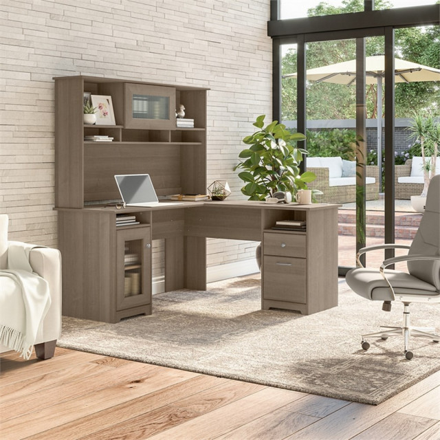 Pemberly Row 60W L Shaped Computer Desk with Hutch in Ash Gray ...